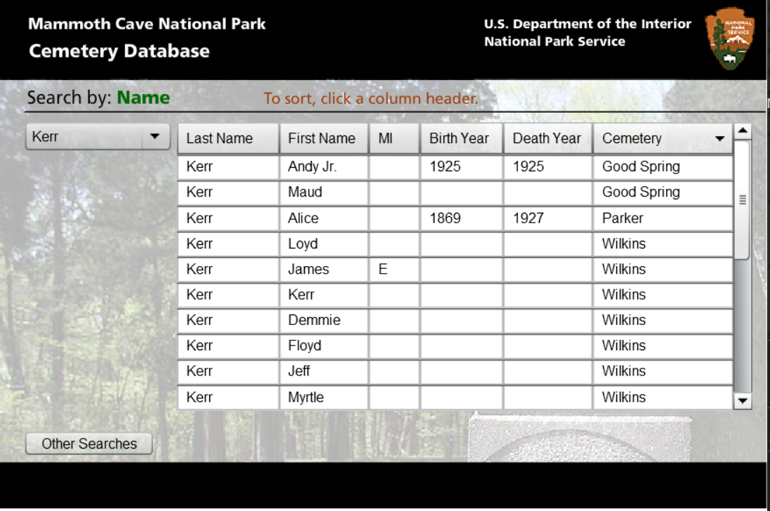 Mammoth Cave National Park Cemetery Database - Play Online on Flash ...